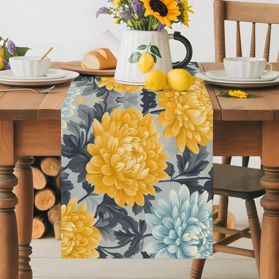 Burlap Table Runner 36 Inches Long, Spring Blossom Chrysanthemum Flower ...