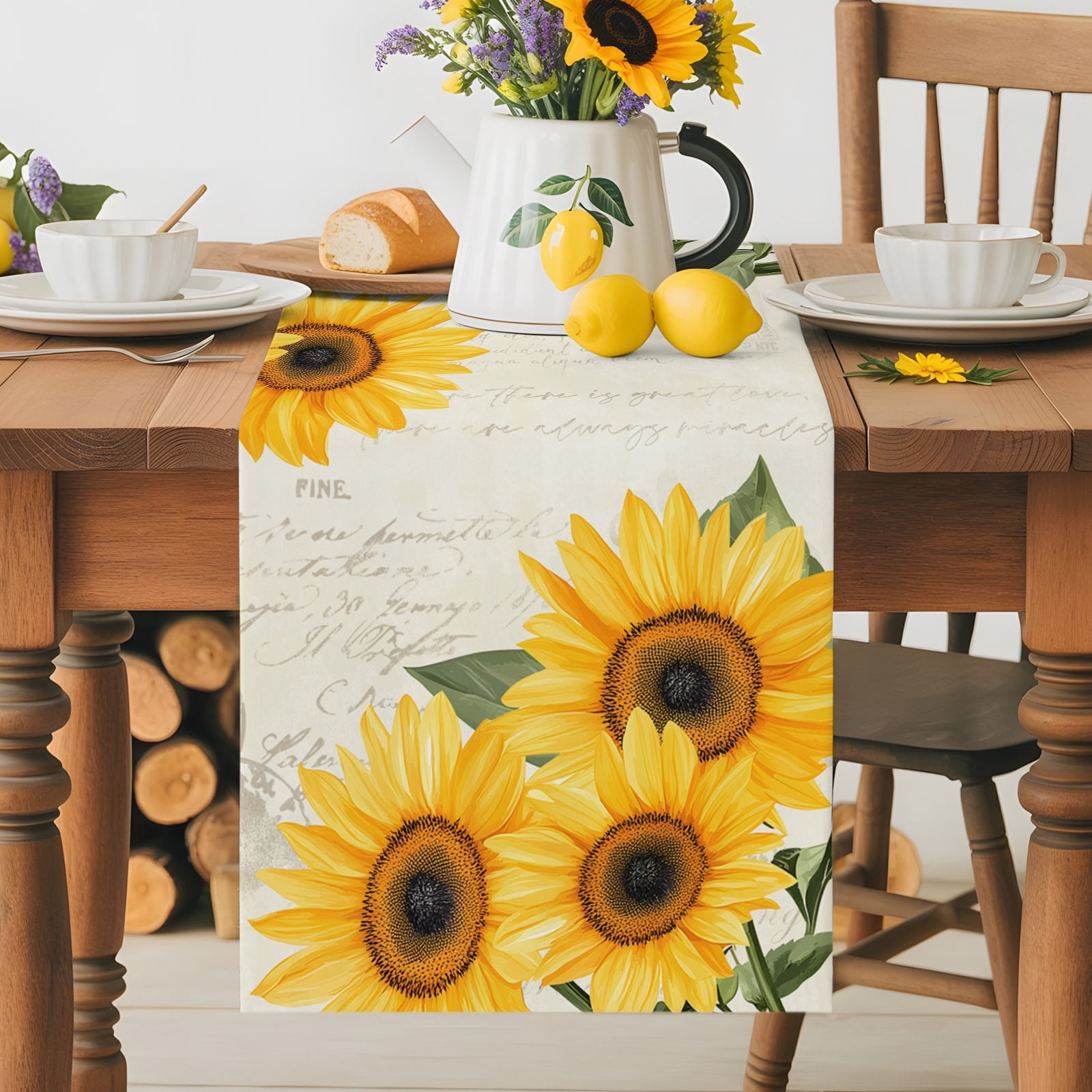 Burlap Table Runner 36 Inches Long, Spring Farm Watercolor Sunflower ...