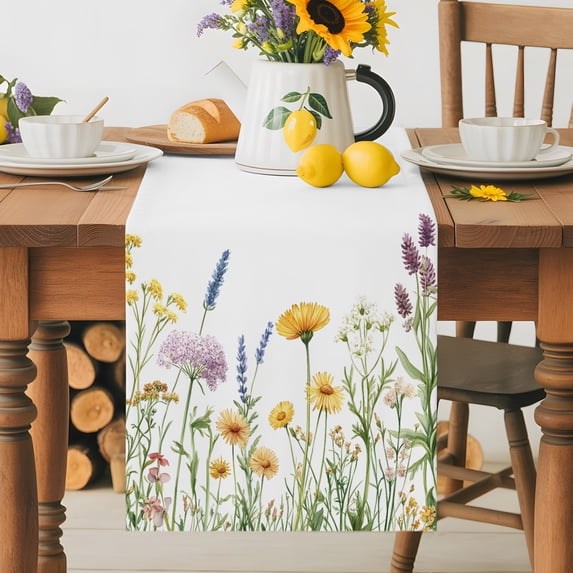 Burlap Table Runner 36 Inches Long, Spring Farm Watercolors Floral Non ...