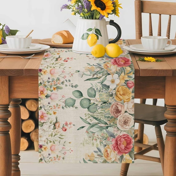 Burlap Table Runner 36 Inches Long, Spring Flower Eucalyptus Leaf Non ...