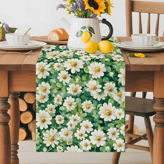 Burlap Table Runner 36 Inches Long, Spring Flower Leaf White Daisy Non ...
