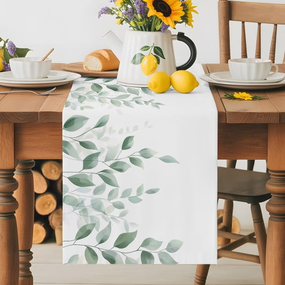 Burlap Table Runner 36 Inches Long, Spring Green Leaves Herb on White ...