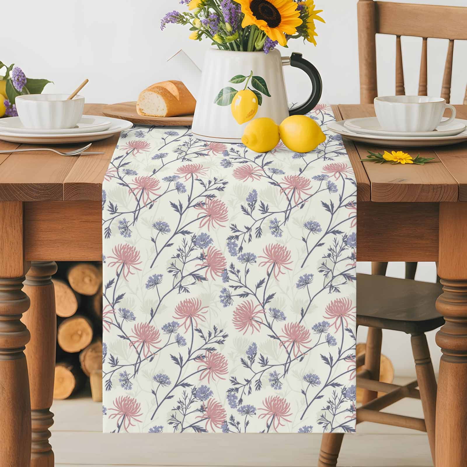 Burlap Table Runner 36 Inches Long, Spring Pink Flower Leaves Non-Slip ...