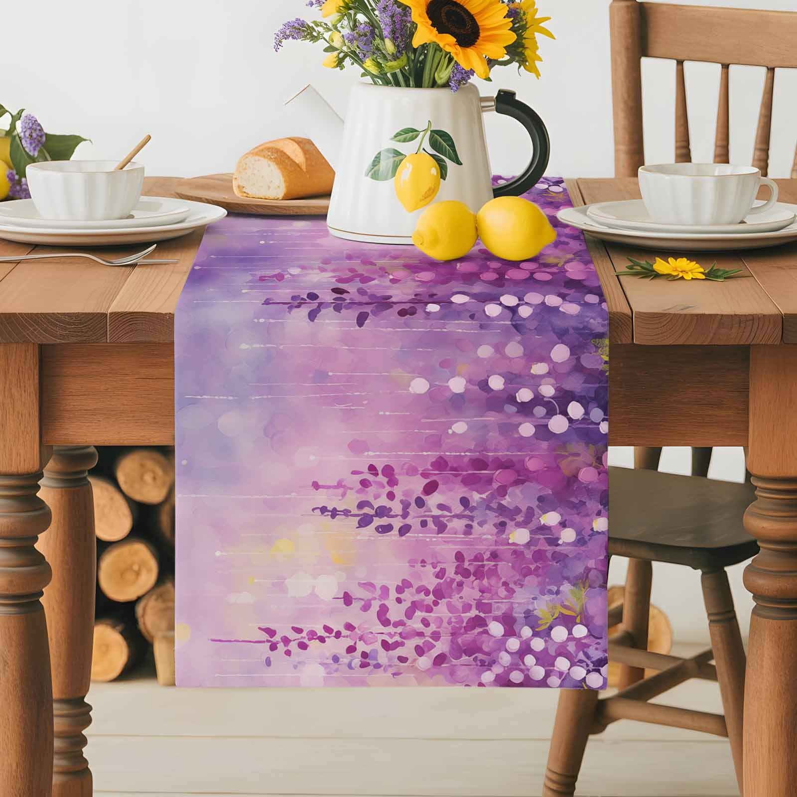 Burlap Table Runner 36 Inches Long, Spring Purple Abstract Flowers ...