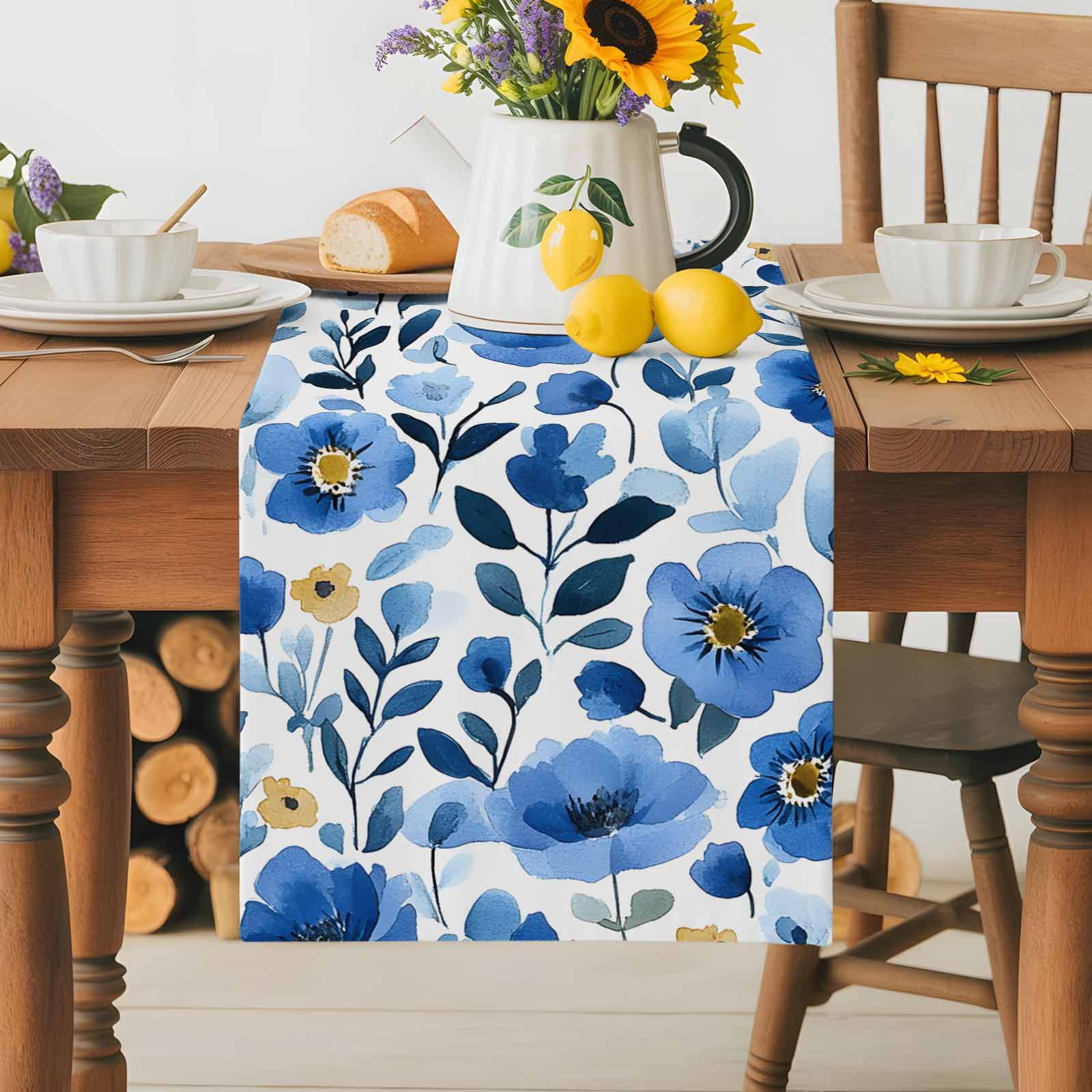 Burlap Table Runner 36 Inches Long, Spring Watercolor Blossom Floral ...