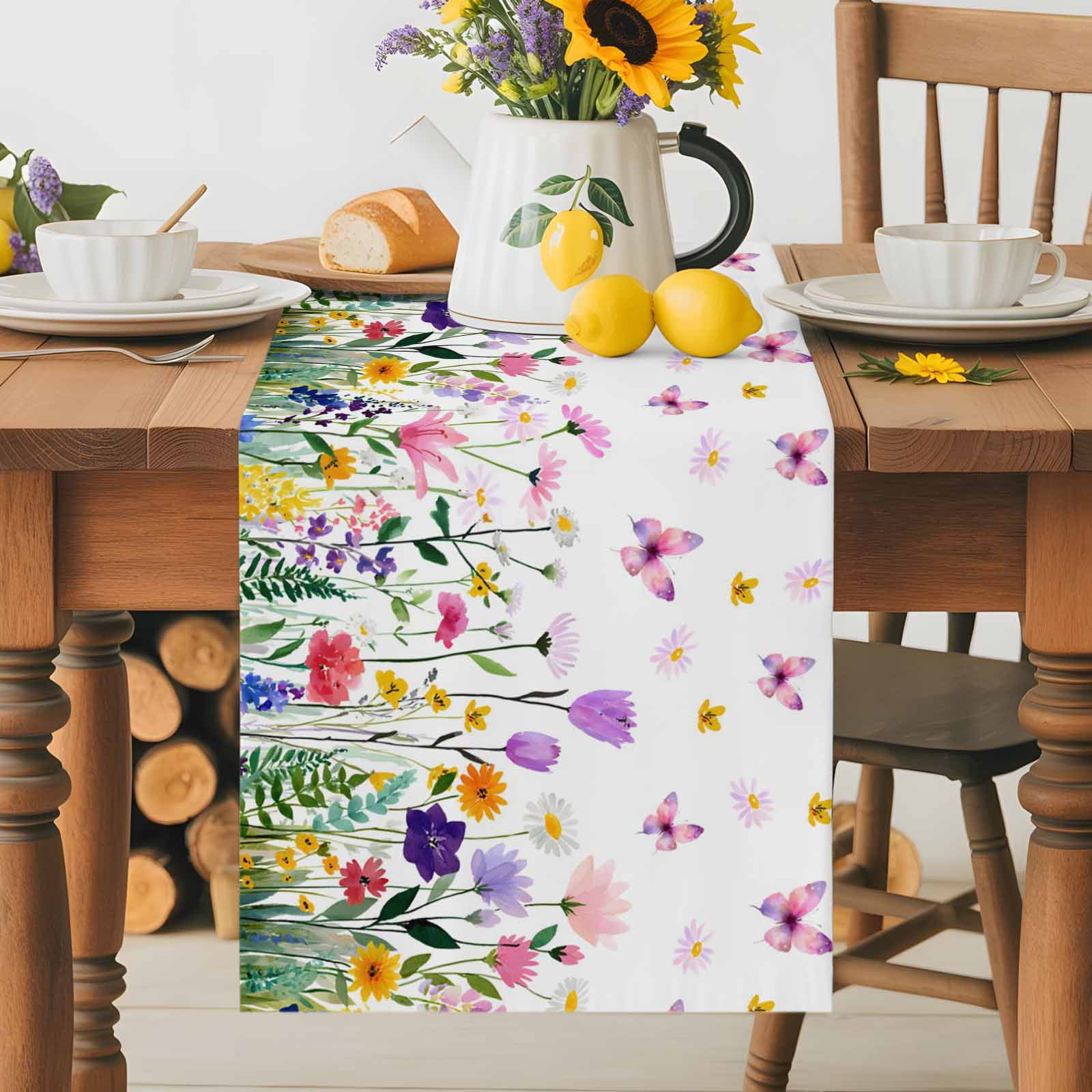 Burlap Table Runner 36 Inches Long, Spring Watercolor Flower Butterfly ...