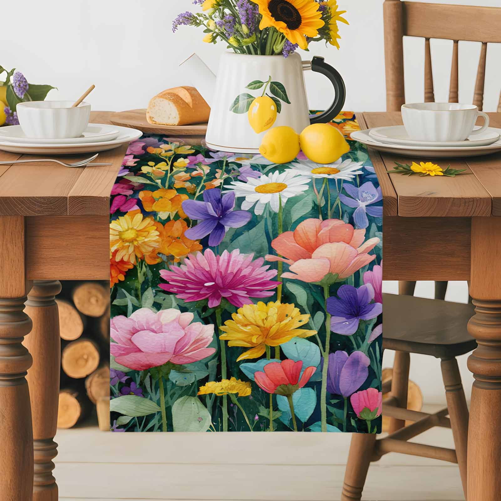 Burlap Table Runner 36 Inches Long, Spring Watercolor Flowers Daisy Non ...