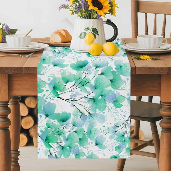 Burlap Table Runner 36 Inches Long, Spring Watercolor Teal Green Flower ...
