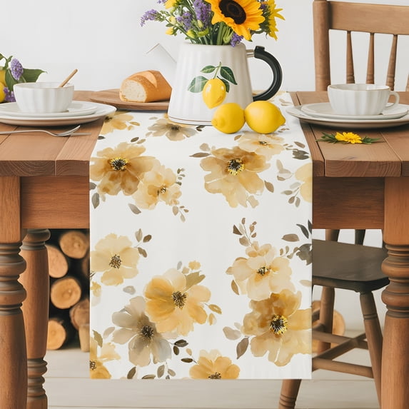 Burlap Table Runner 36 Inches Long, Spring Yellow Flower Leaf Non-Slip ...