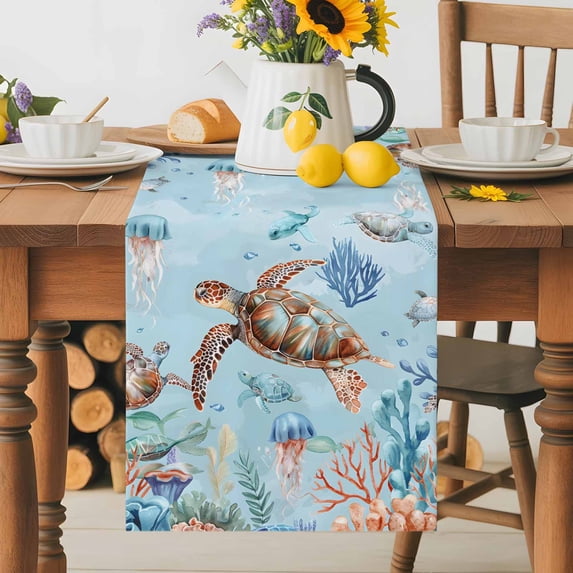 Burlap Table Runner 36 Inches Long, Summer Colorful Sea Turtles ...
