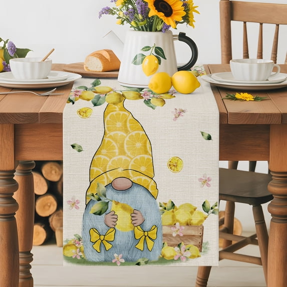 Burlap Table Runner 36 Inches Long, Summer Lemon Gnome Flower Leaf Non ...