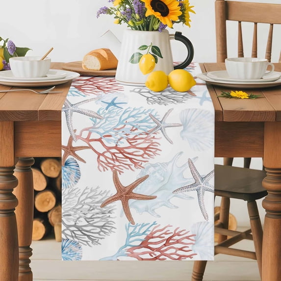 Burlap Table Runner 36 Inches Long, Summer Oceans Red Gray Corals Non ...