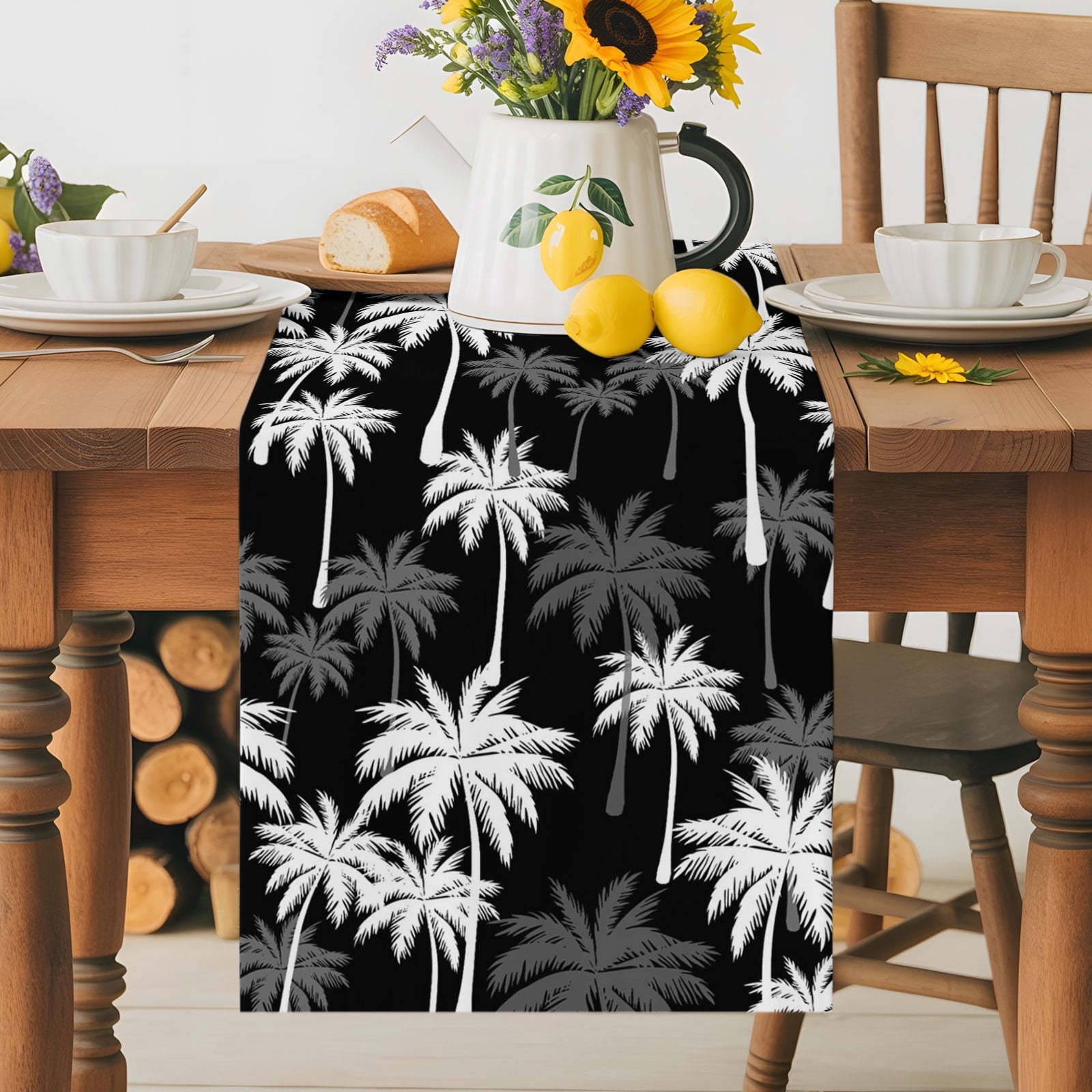 Burlap Table Runner 36 Inches Long, Summer Palm Tree on Black Non-Slip ...