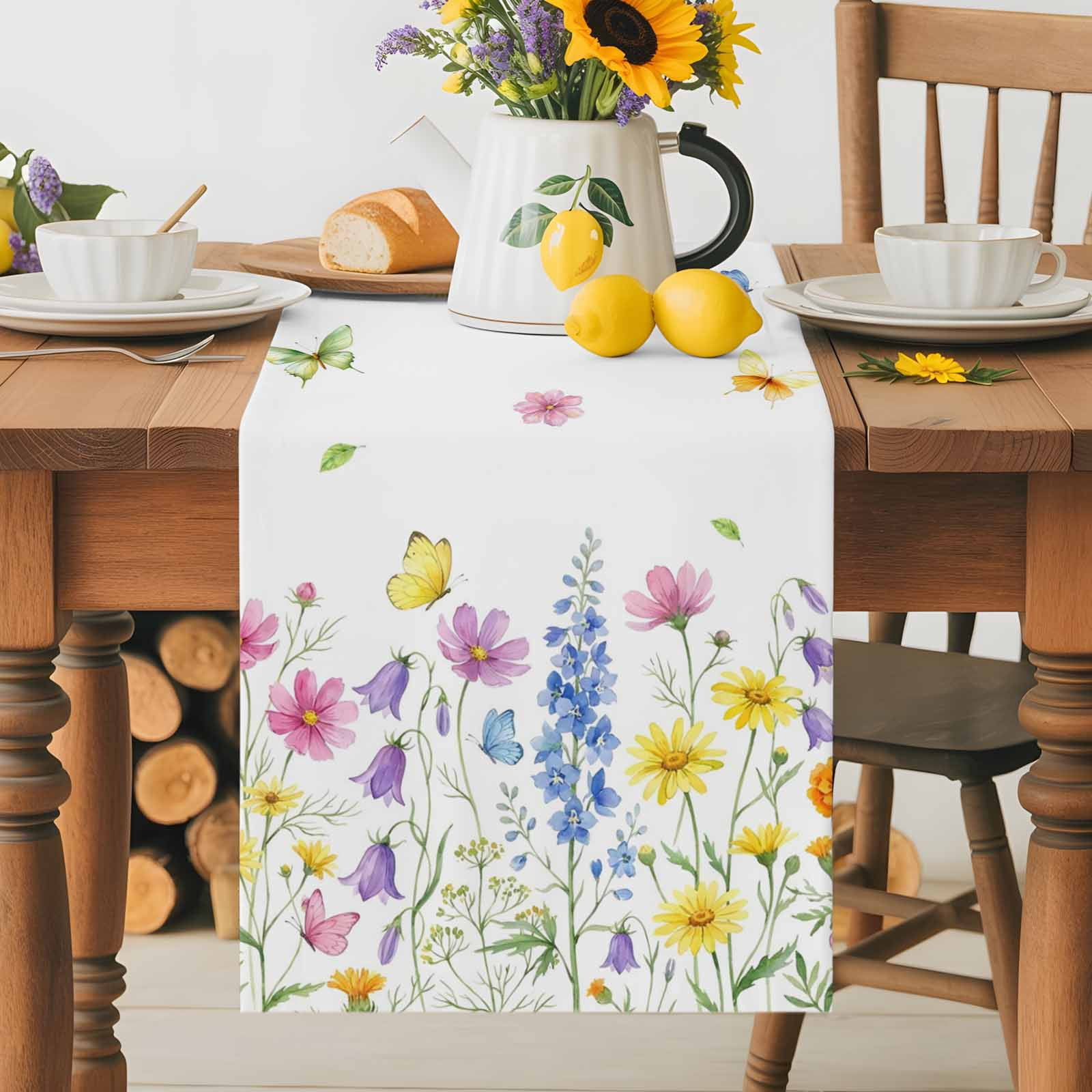 Burlap Table Runner 36 Inches Long, Summer Pastoral Flower Butterfly ...