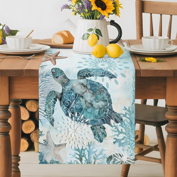 Burlap Table Runner 36 Inches Long, Summer Sea Turtle Starfish Non-Slip ...