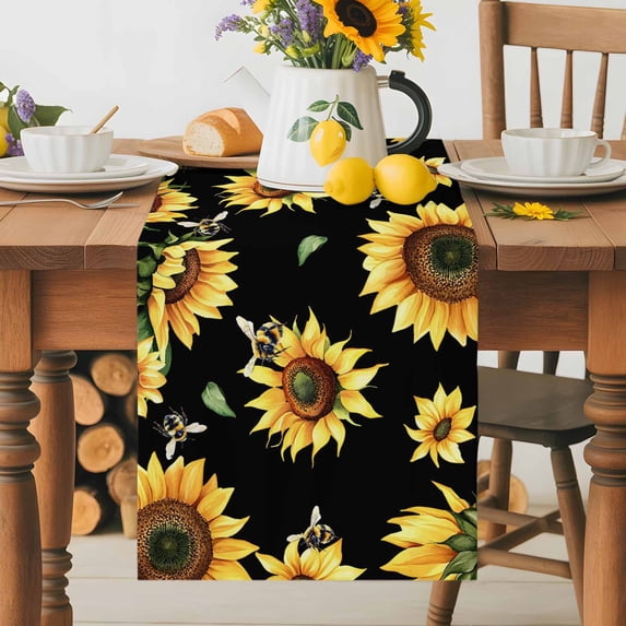 Burlap Table Runner 36 Inches Long, Summer Sunflower on Black Non-Slip ...