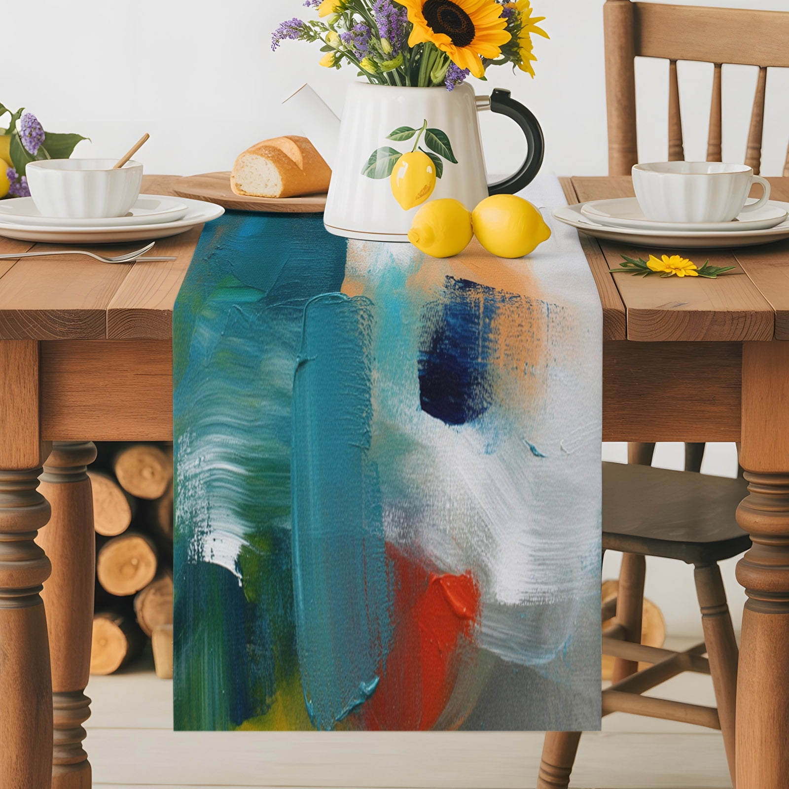 Burlap Table Runner 36 Inches Long, Teal Gradient Color Blocks Non-Slip ...
