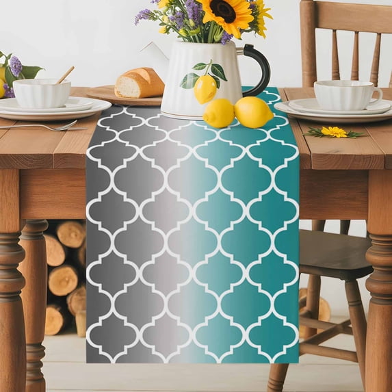 Burlap Table Runner 36 Inches Long, Teal Morocco Grey Gradient Non-Slip ...