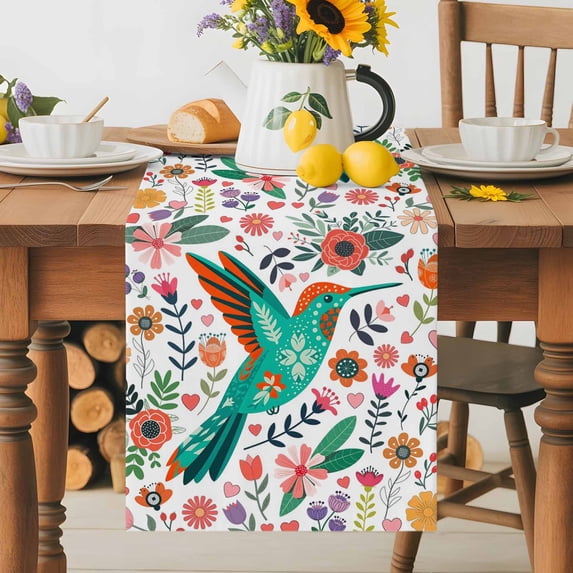Burlap Table Runner 36 Inches Long, Teal Orange Hummingbird Flower Non ...