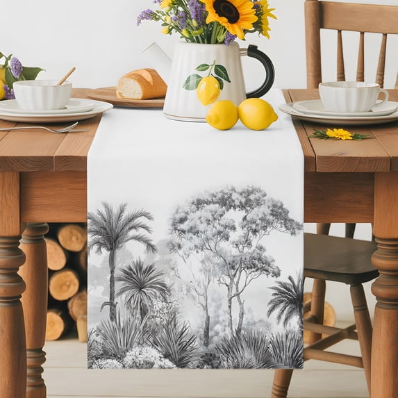 Burlap Table Runner 36 Inches Long, Tropical Palm Tree Plant Gray White ...