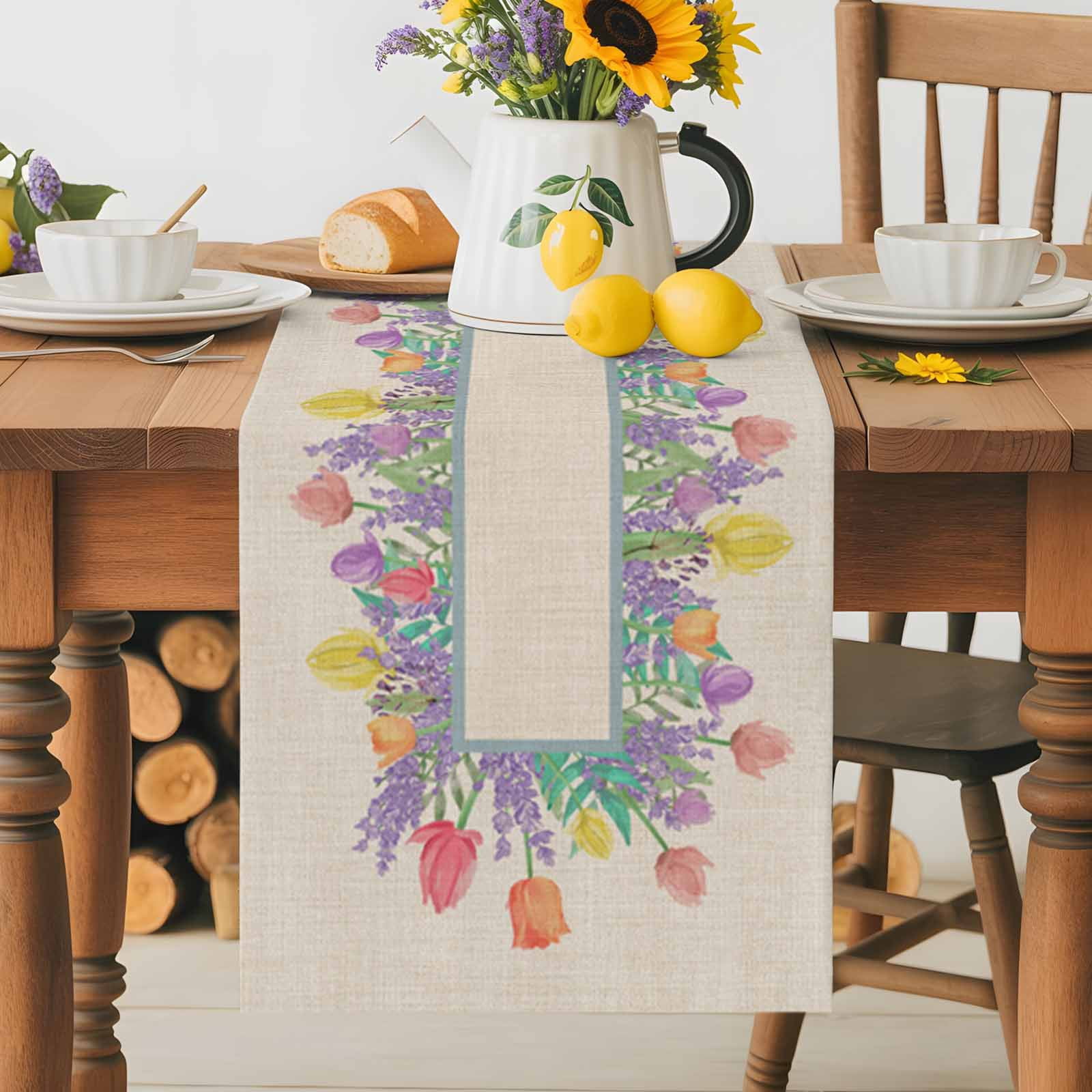 Burlap Table Runner 36 Inches Long, Tulips Lavender Flowers in Vintage ...