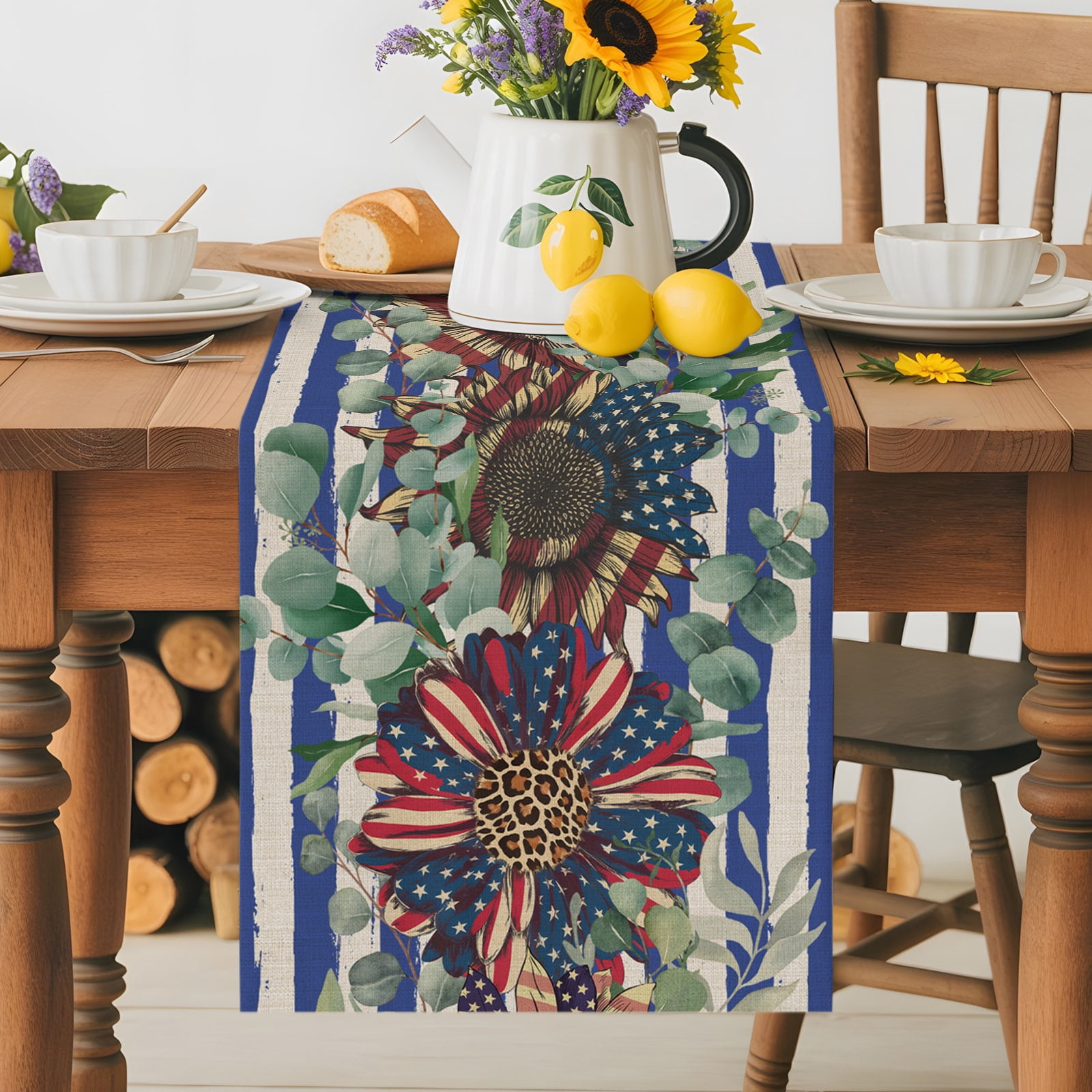Burlap Table Runner 36 Inches Long, USA Flag Flowers Eucalyptus Leaf ...