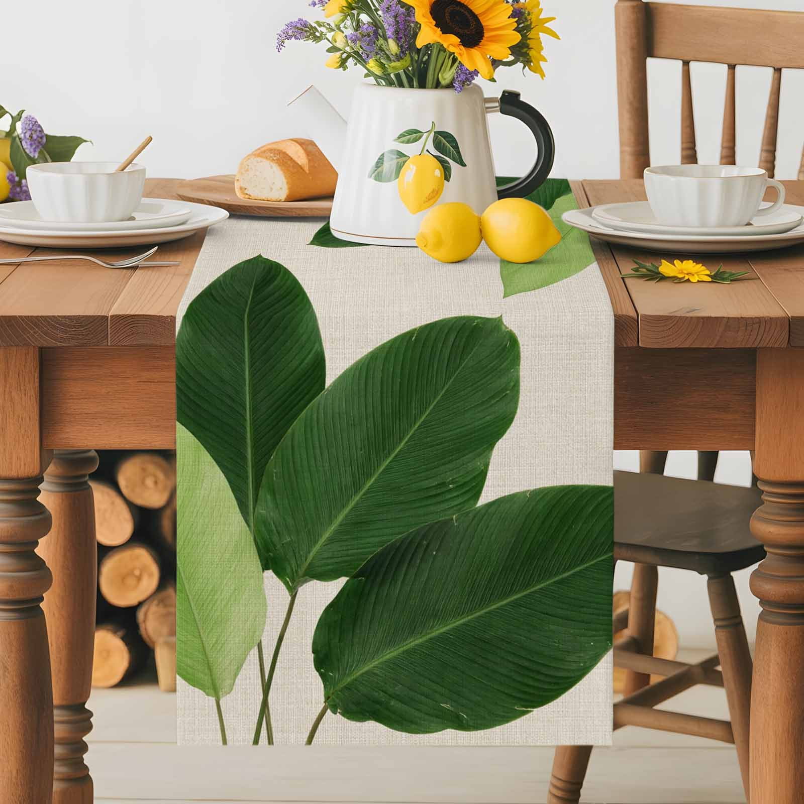 Burlap Table Runner 36 Inches Long, Vintage Green Large Banana Leaves ...