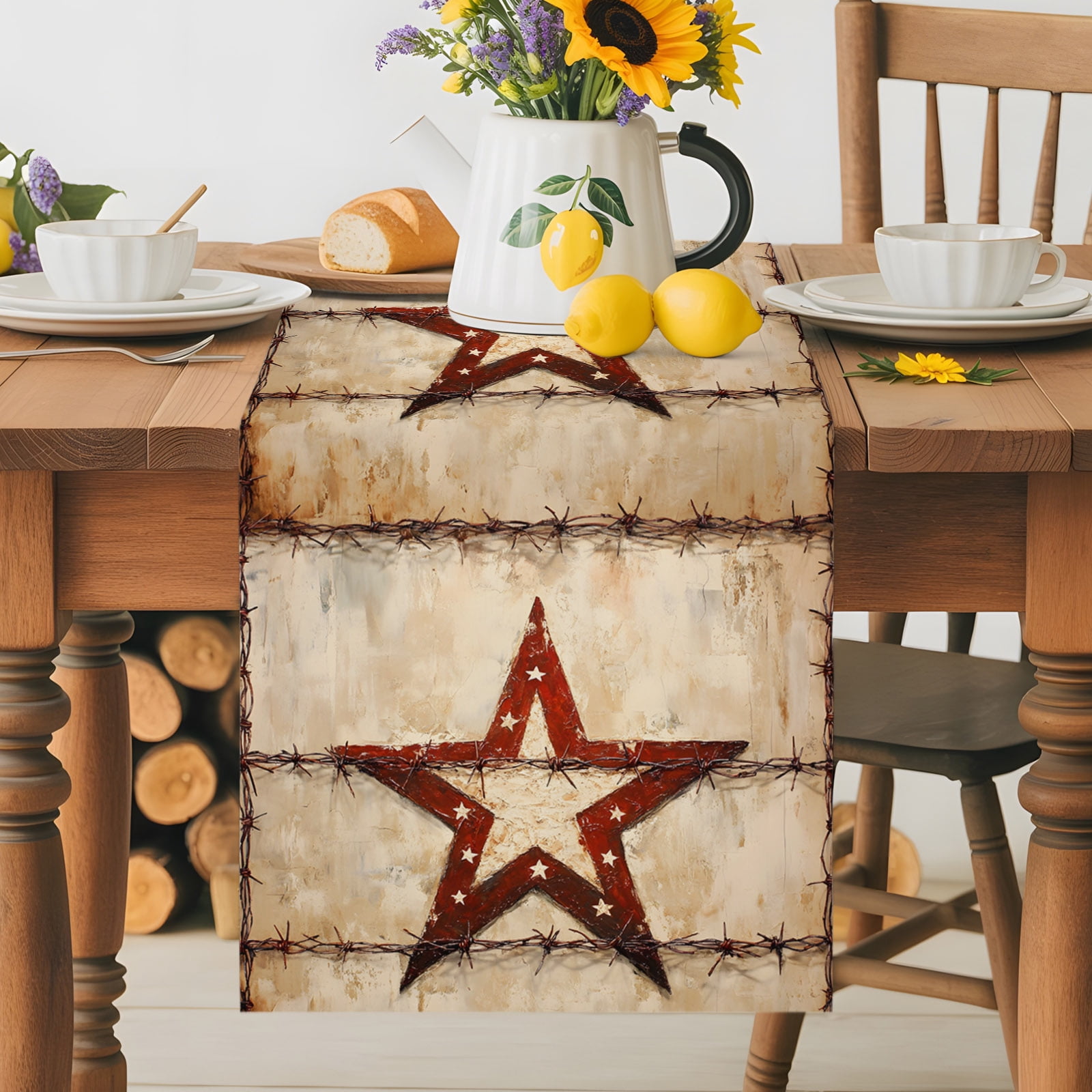 Burlap Table Runner 36 Inches Long, Vintage Red Western Star Non-Slip ...
