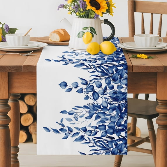 Burlap Table Runner 36 Inches Long, Watercolor Blue Eucalyptus Leaf Non ...
