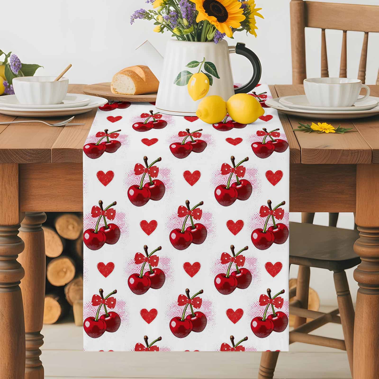 Burlap Table Runner 36 Inches Long, Watercolor Cherry Red Heart Bow Non ...