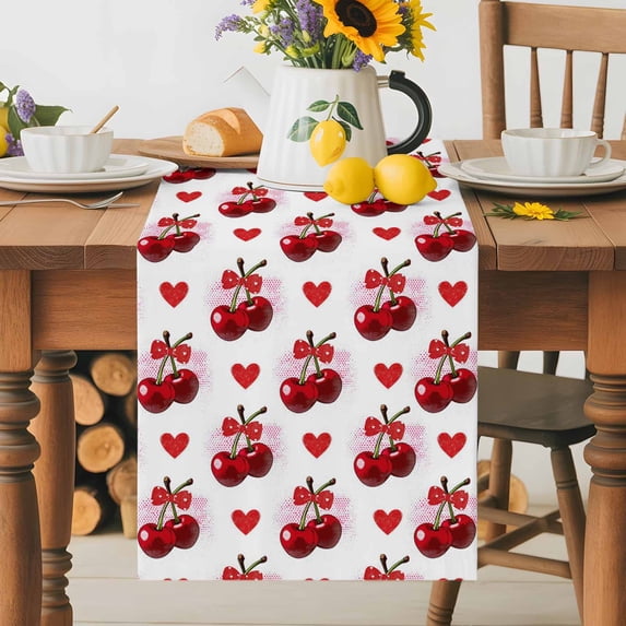 Burlap Table Runner 36 Inches Long, Watercolor Cherry Red Heart Bow Non ...