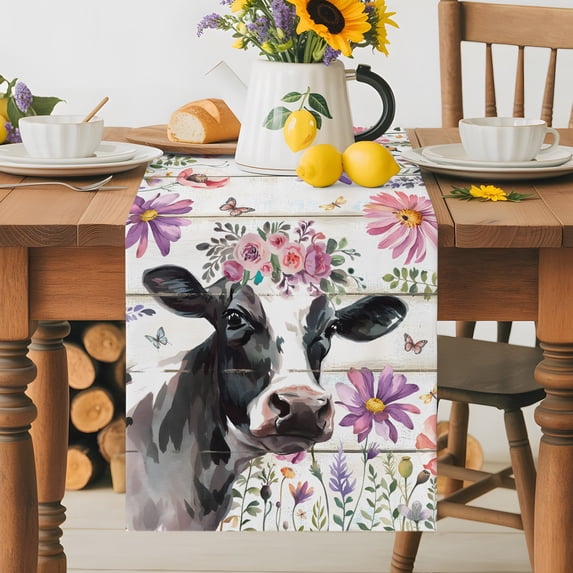 Burlap Table Runner 36 Inches Long, Watercolor Farm Cattle Spring ...