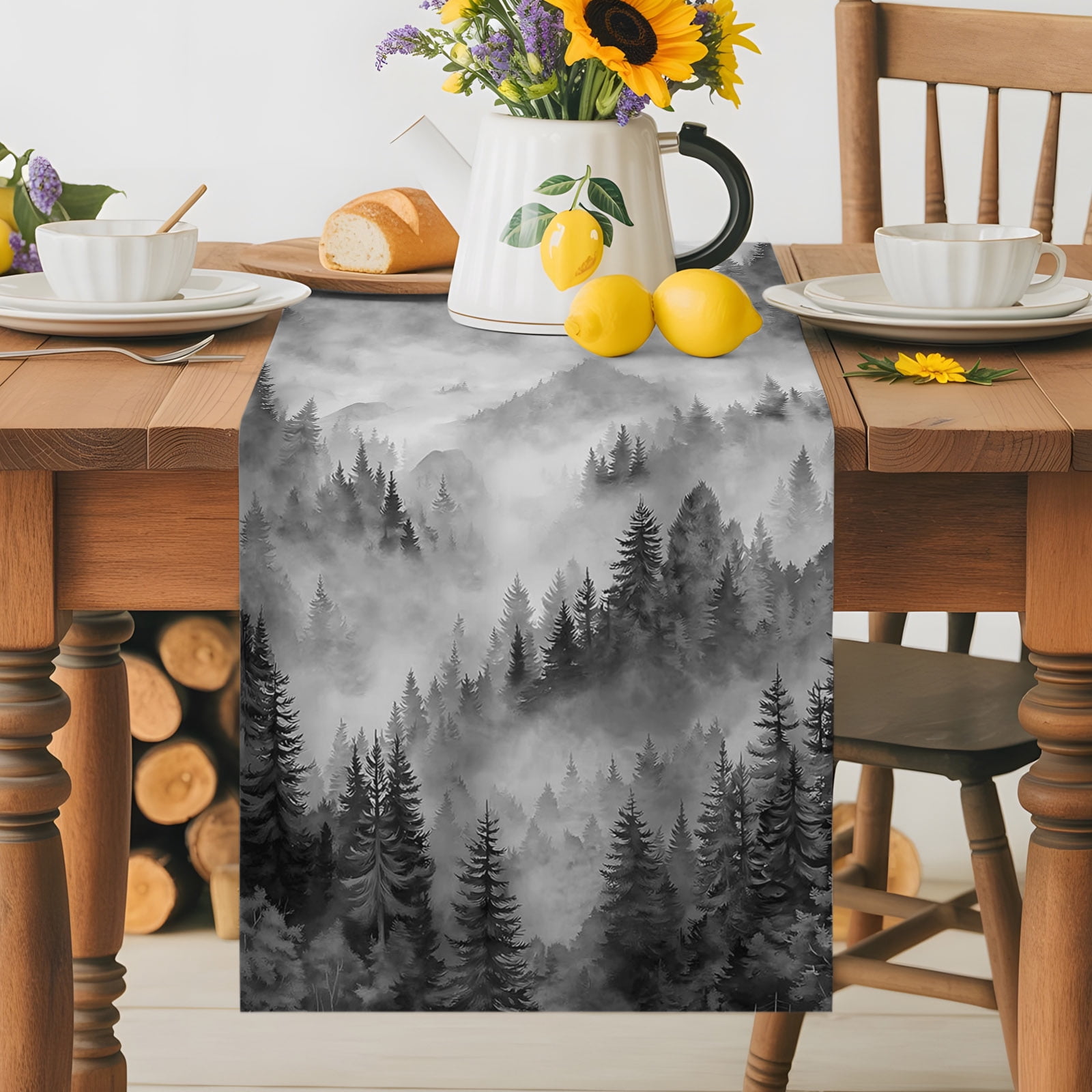 Burlap Table Runner 36 Inches Long, Watercolor Forest Tree Mountain Non ...
