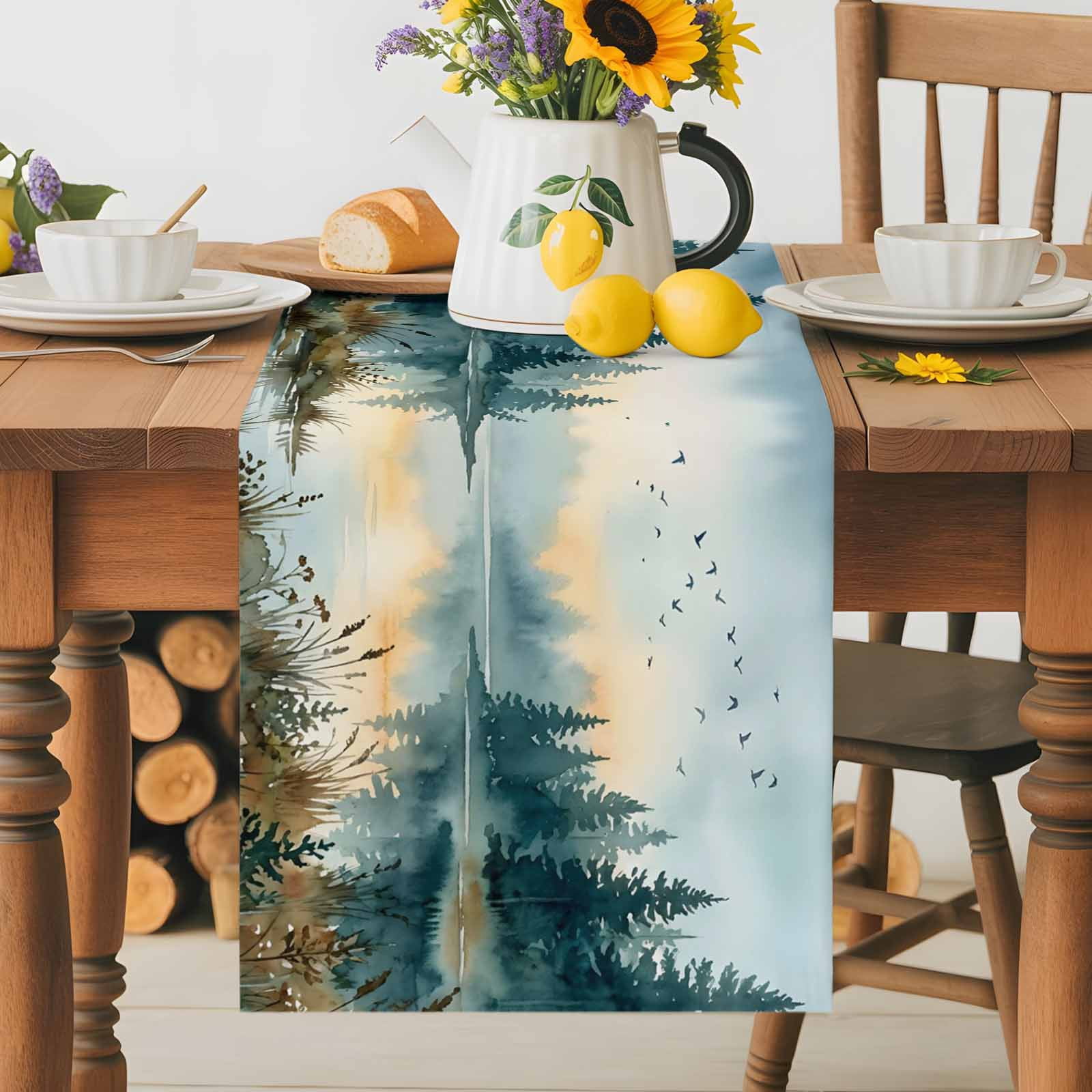 Burlap Table Runner 36 Inches Long, Watercolor Lake Forest Natural ...