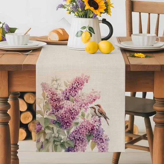Burlap Table Runner 36 Inches Long, Watercolor Lavender Sparrow on ...