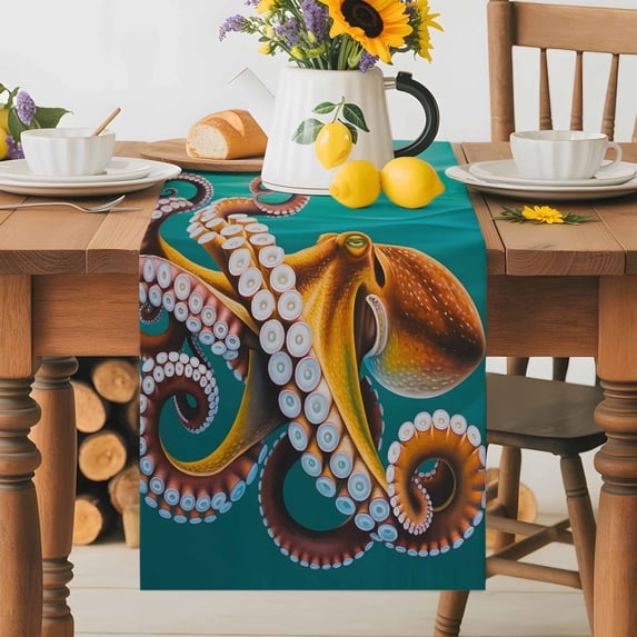 Burlap Table Runner 36 Inches Long, Watercolor Ocean Squid Non-Slip ...