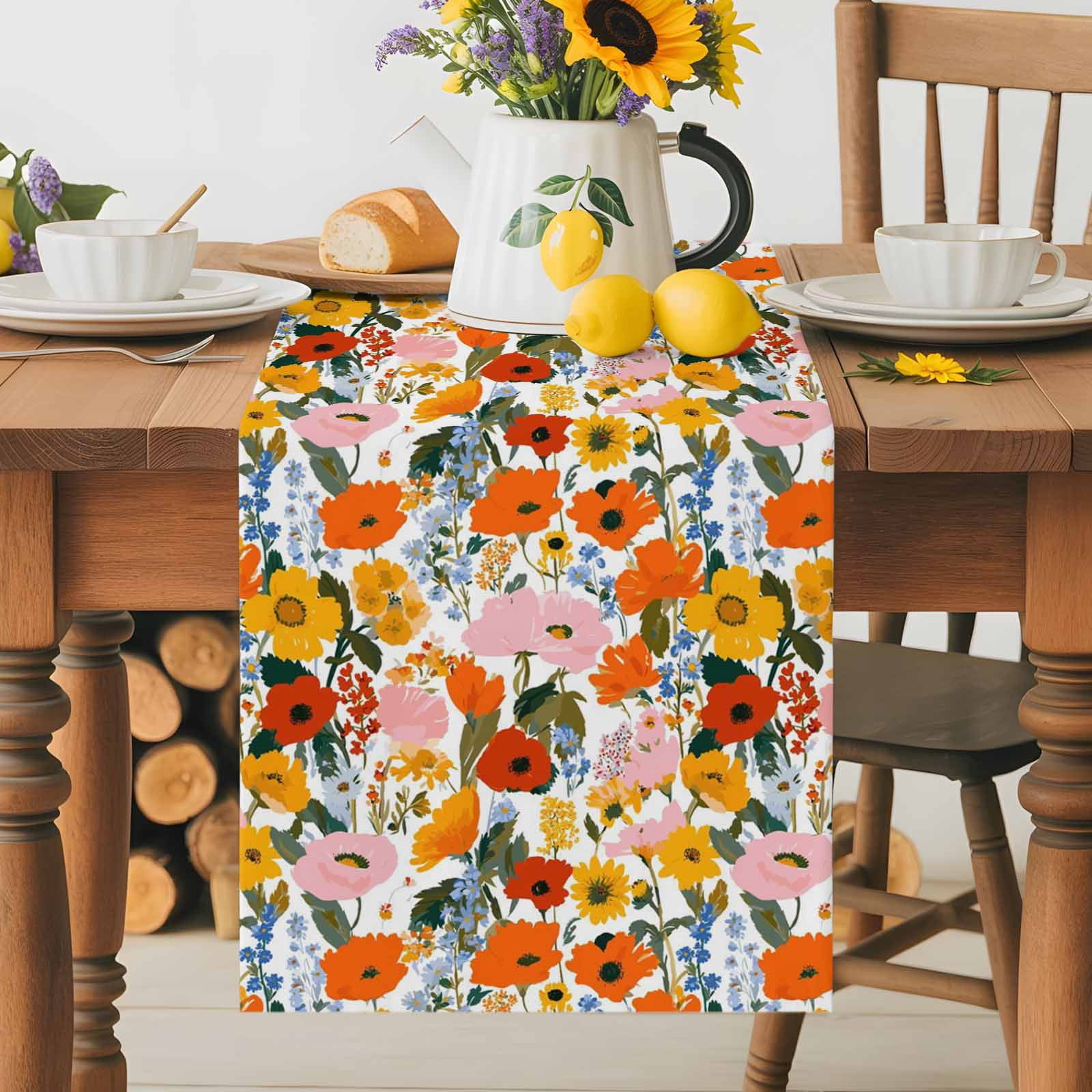 Burlap Table Runner 36 Inches Long, Watercolor Pastoral Poppy Daisy ...