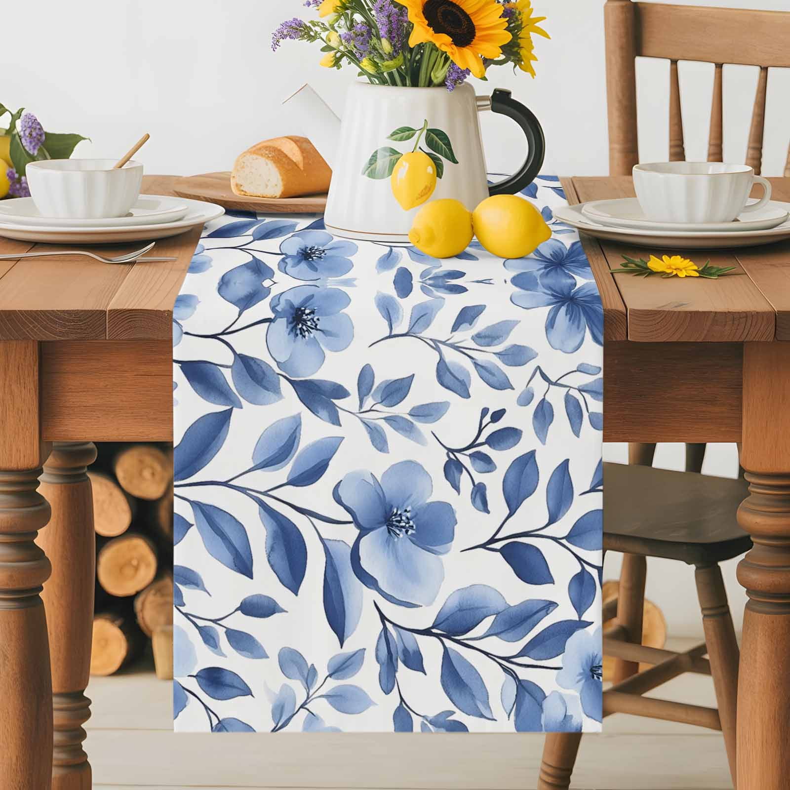 Burlap Table Runner 36 Inches Long, Watercolor Summer Blue Flowers Non ...