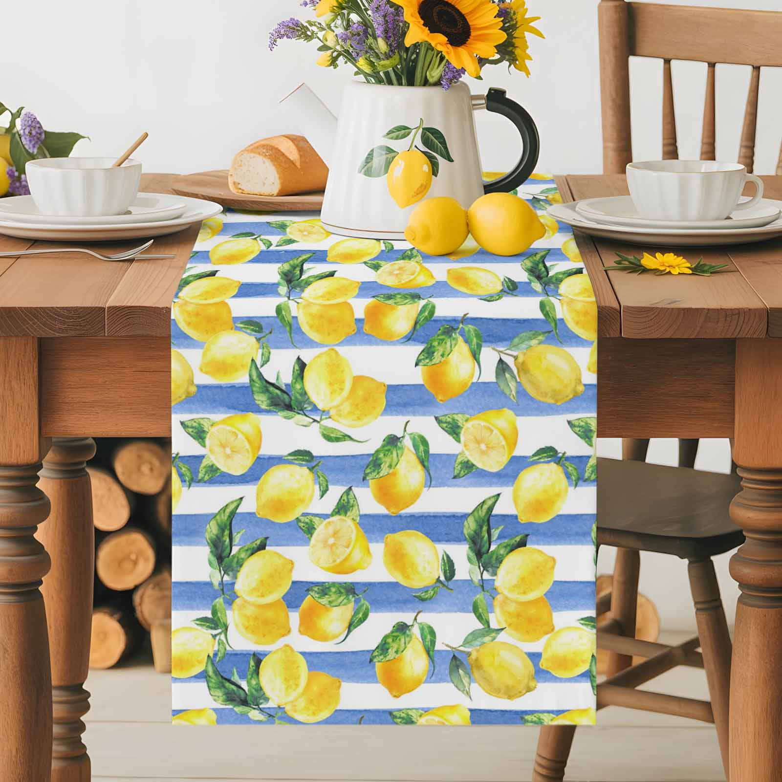 Burlap Table Runner 36 Inches Long, Watercolor Summer Lemon Leaves ...