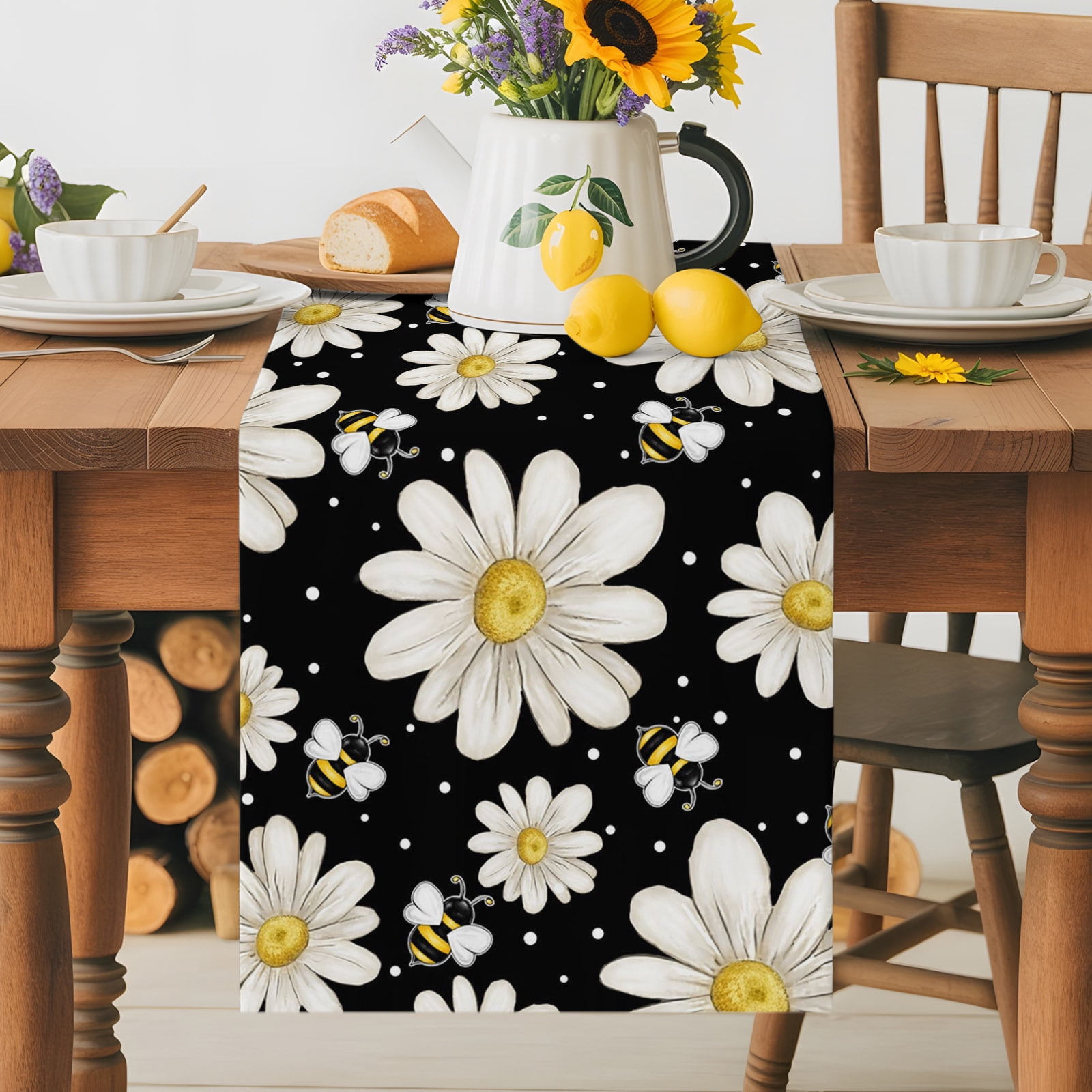 Burlap Table Runner 36 Inches Long, Watercolor White Floral Daisy Bee ...