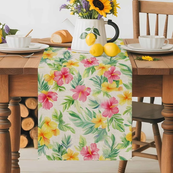 Burlap Table Runner 36 Inches Long, Watercolor Yellow Pink Flower Green ...