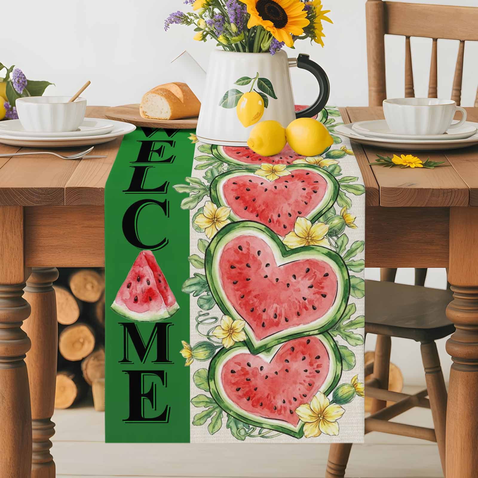 Burlap Table Runner 36 Inches Long, Welcome Words Summer Watermelon Non ...