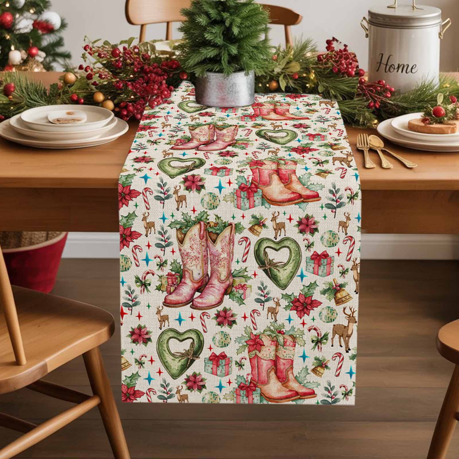 Burlap Table Runner 36 Inches Long,Western Christmas Boots Elk Bells ...