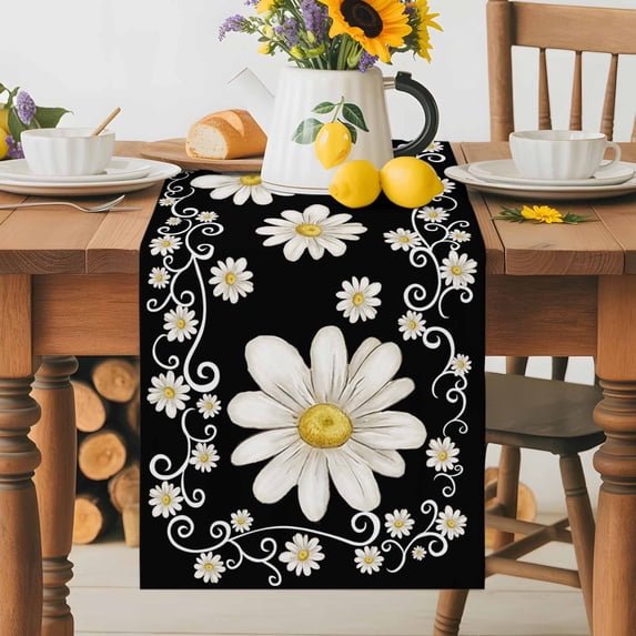 Burlap Table Runner 36 Inches Long, White Daisy Flower on Black Non ...