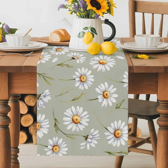 Burlap Table Runner 36 Inches Long, White Daisy Flower Leaves ...