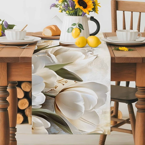 Burlap Table Runner 36 Inches Long, White Tulip Spring Classic Flower ...