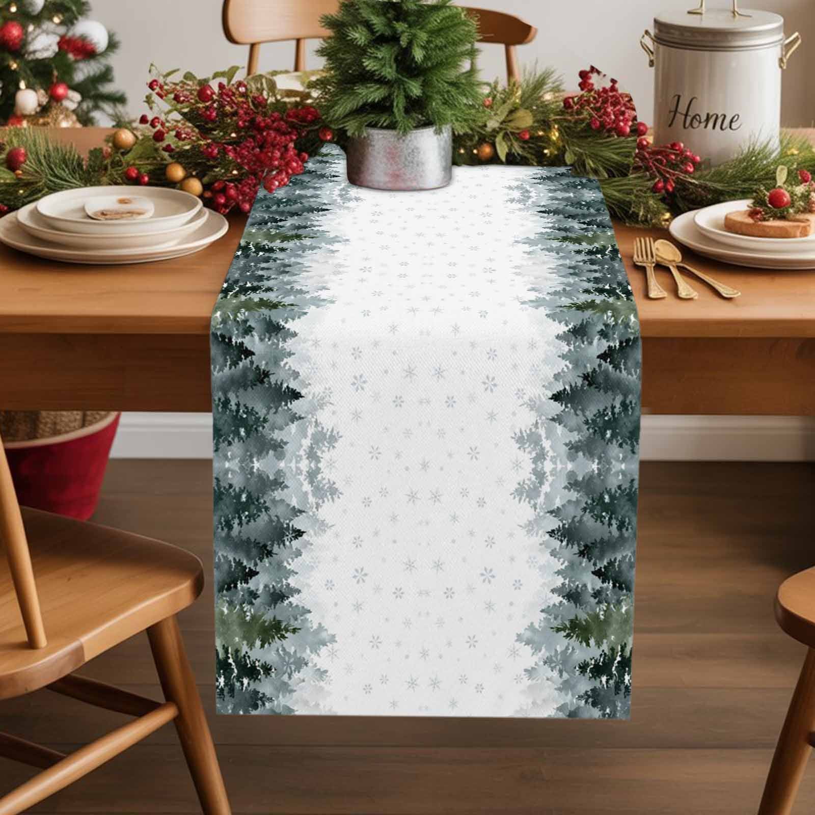 Burlap Table Runner 36 Inches Long,Winter Christmas Snowy Forest Tree ...