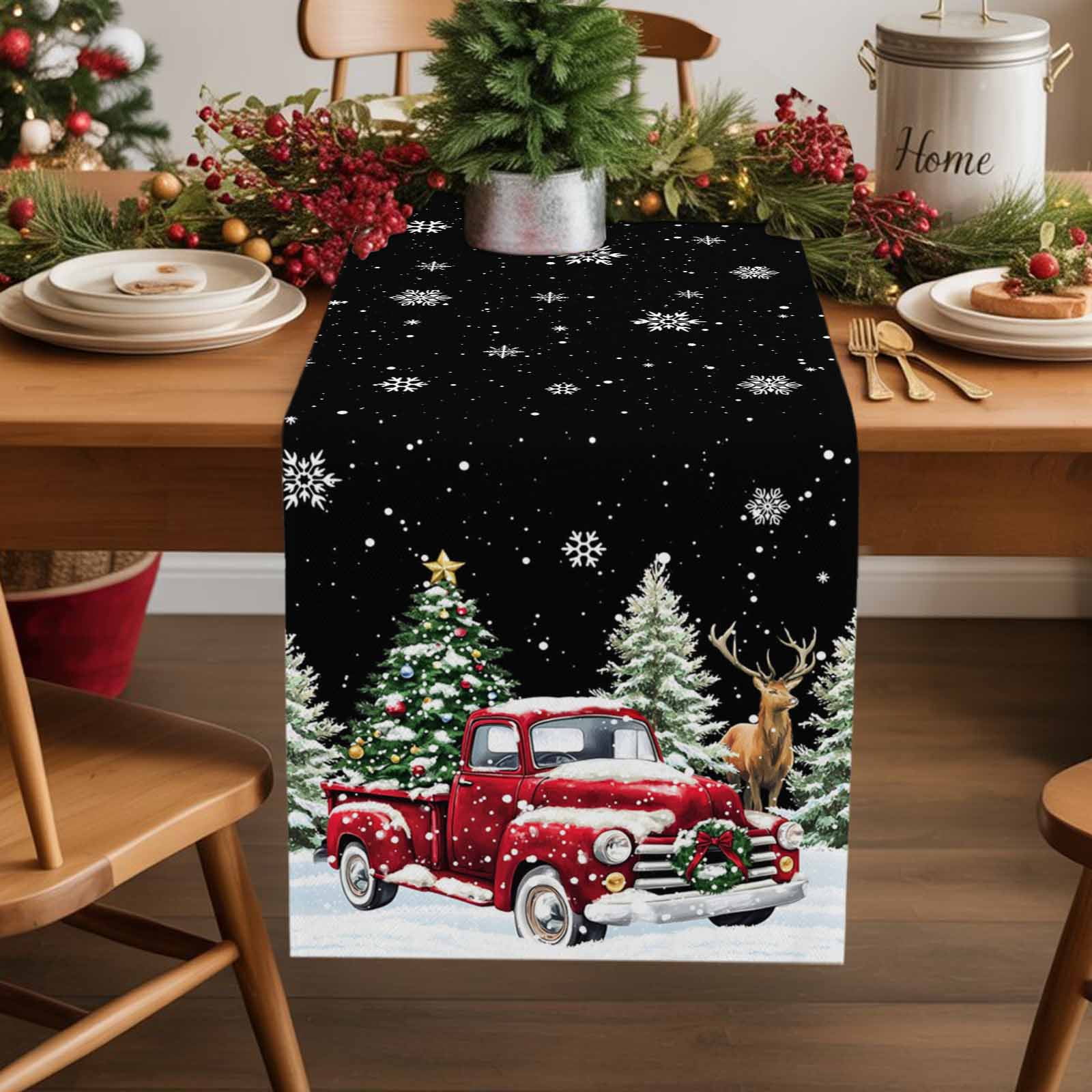 Burlap Table Runner 36 Inches Long,Winter Snowflake Snowfall Truck Non ...