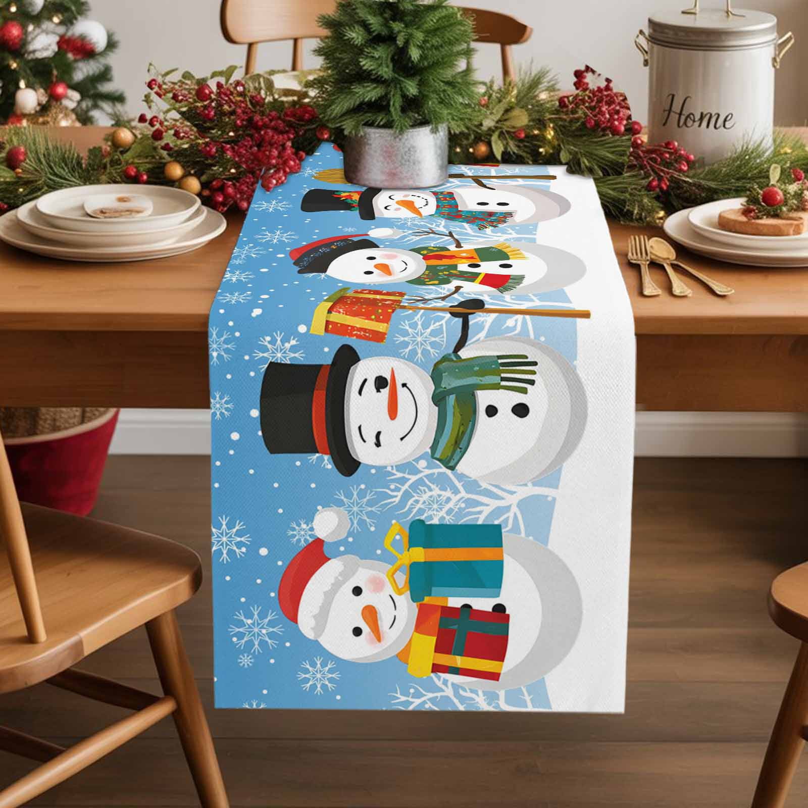 Burlap Table Runner 36 Inches Long,Winter Snowman on Blue Background ...
