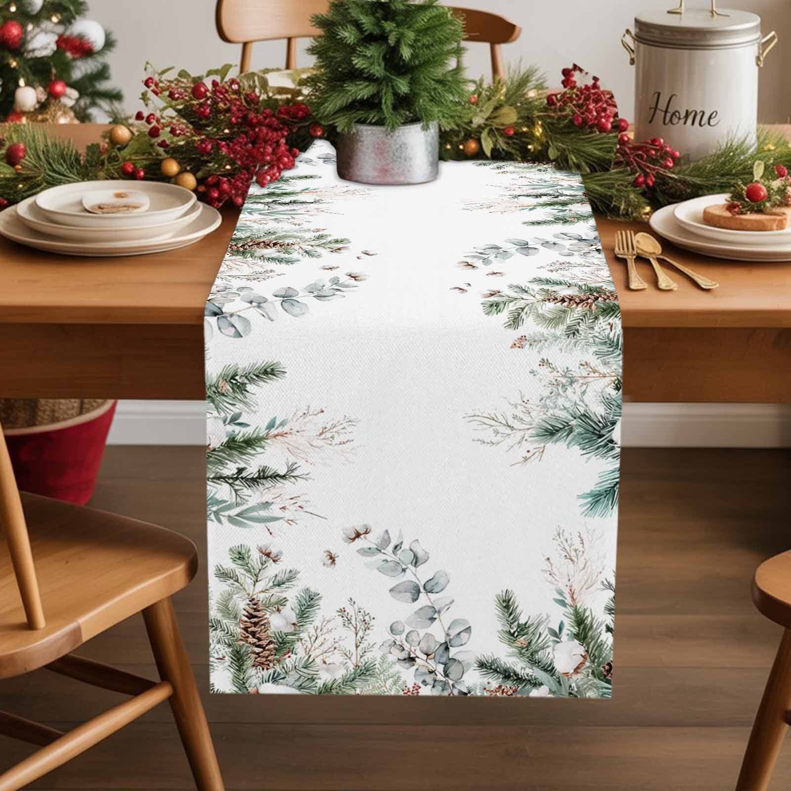 Burlap Table Runner 36 Inches Long,Xmas Pine Branch Eucalyptus on White ...